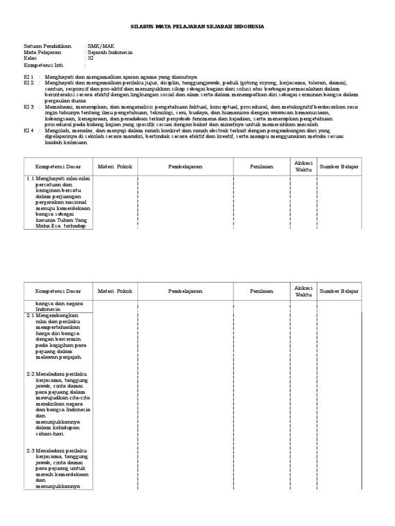 Silabus Sejarah Indonesia SMK Xi | PDF