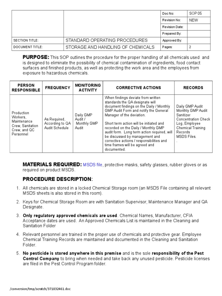 SOP Storage and Handling of Chemicals | PDF | Safety | Prevention