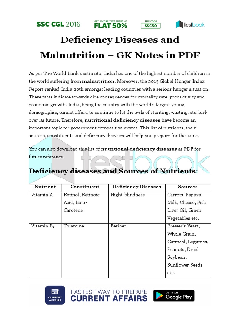 Deficiency Diseases and Malnutrition GK Notes in PDF (1) | Malnutrition ...
