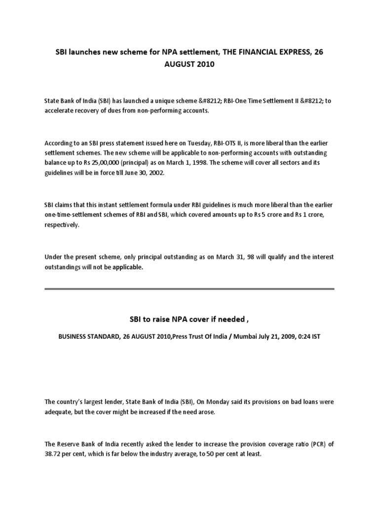SBI Launches New Scheme For NPA Settlement | PDF | Reserve Bank Of ...