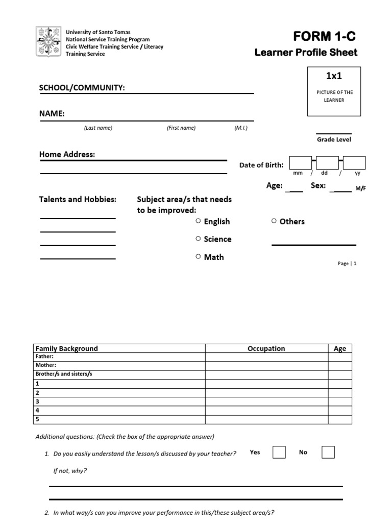 Form 1-C: Learner Profile Sheet | PDF