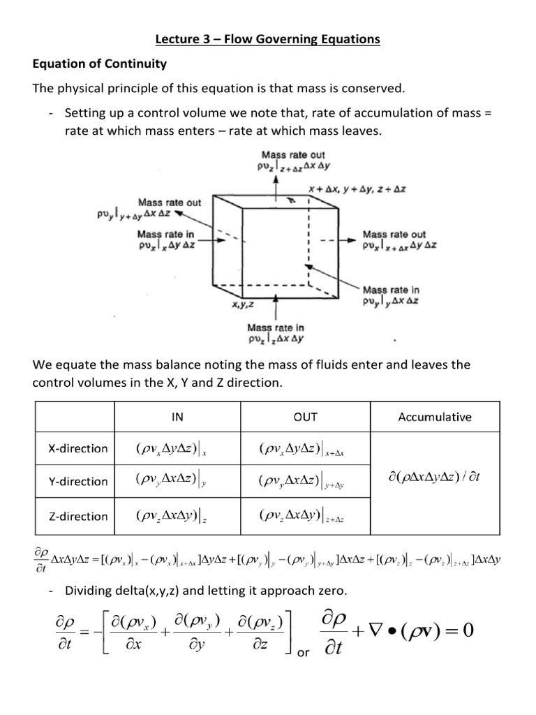Lecture 3 - Flow Governing Equations Equation of Continuity | PDF