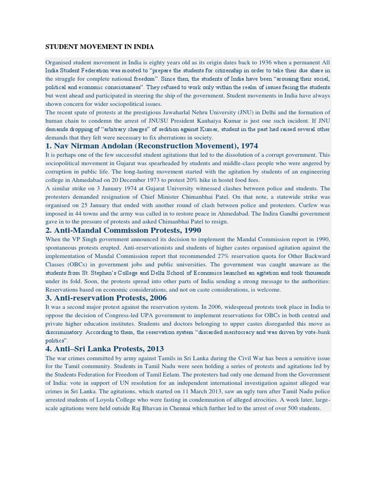Overview of Student Movements in India | PDF | Independent India ...