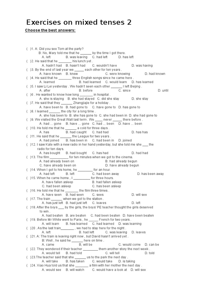 Exercises On Mixed Tenses 2: Choose The Best Answers | PDF | Leisure