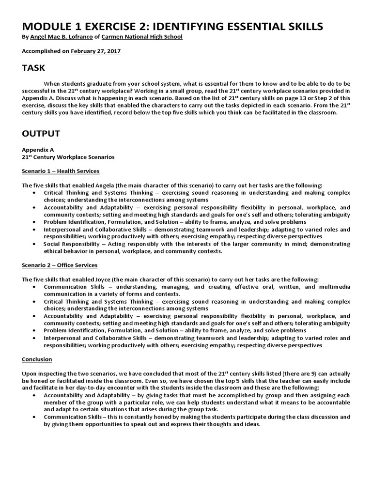 Module 1 Exercise 2: Identifying Essential Skills | PDF | Critical ...
