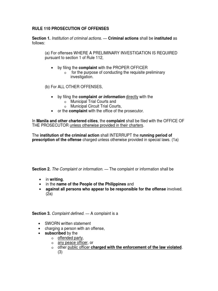 Rule 110 Prosecution of Offenses Section 1. Institution of Criminal ...