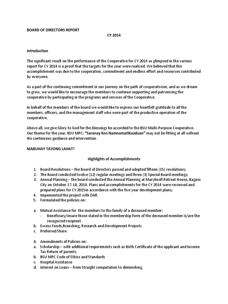 BOD REPORT HIGHLIGHTS CY 2014 | PDF | Financial Audit | Financial Statement