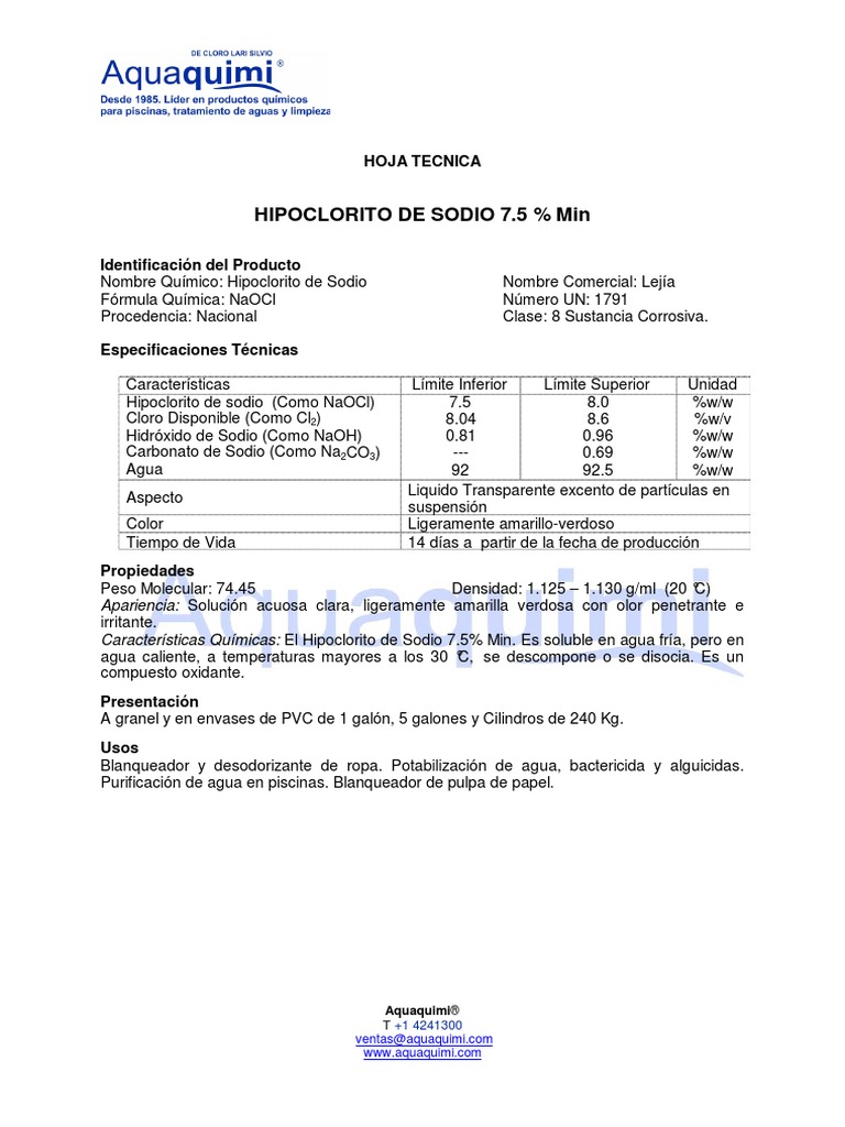 Hoja Tecnica Cloro Liquido | PDF | Sustancias químicas | Química