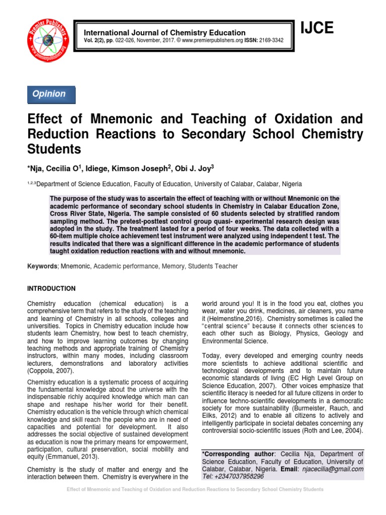 Effect of Mnemonic and Teaching of Oxidation and Reduction Reactions To ...
