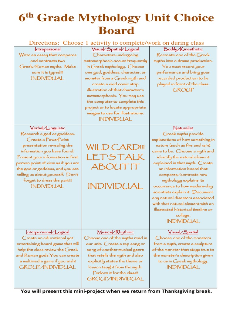 6th Grade Mythology Unit Choice Board | PDF | Mythology | Greek Mythology