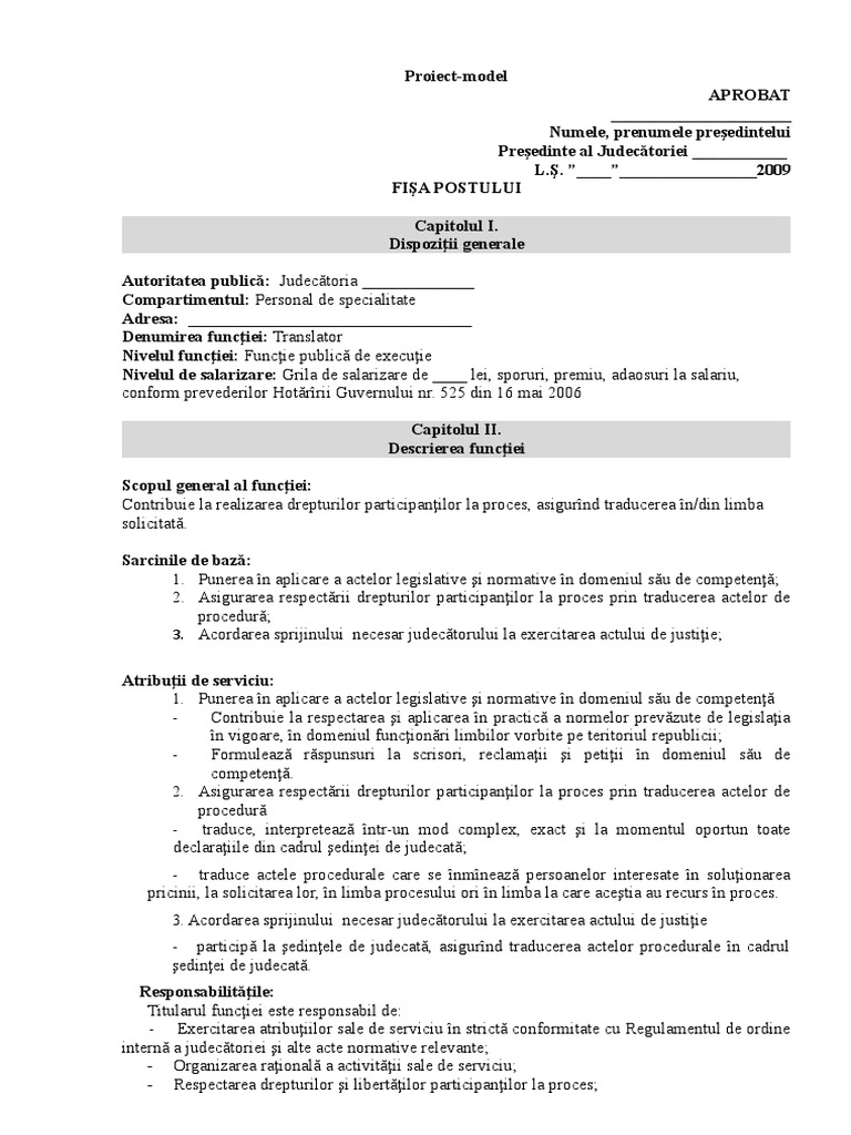 Model de Fisa de Post Pentru Translator | PDF