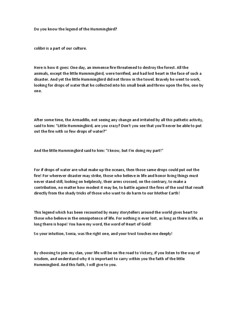 The Legend of The Hummingbird | PDF | Wisdom | Happiness