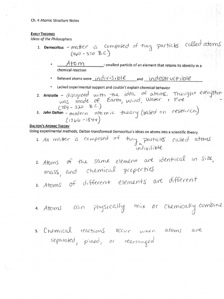 CH 4 Atomic Structure Guided Notes - Completed | PDF