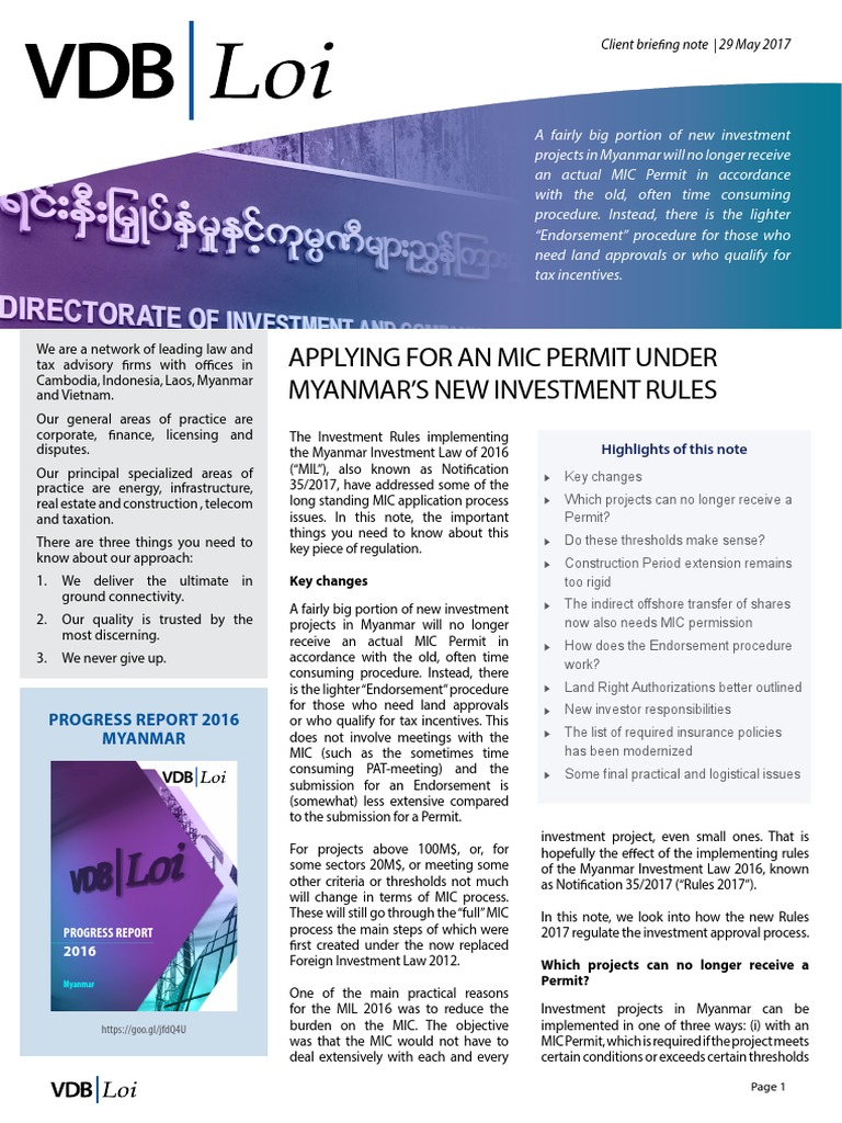 Applying For An MIC Permit Under Myanmar's New Investment Rules | PDF ...