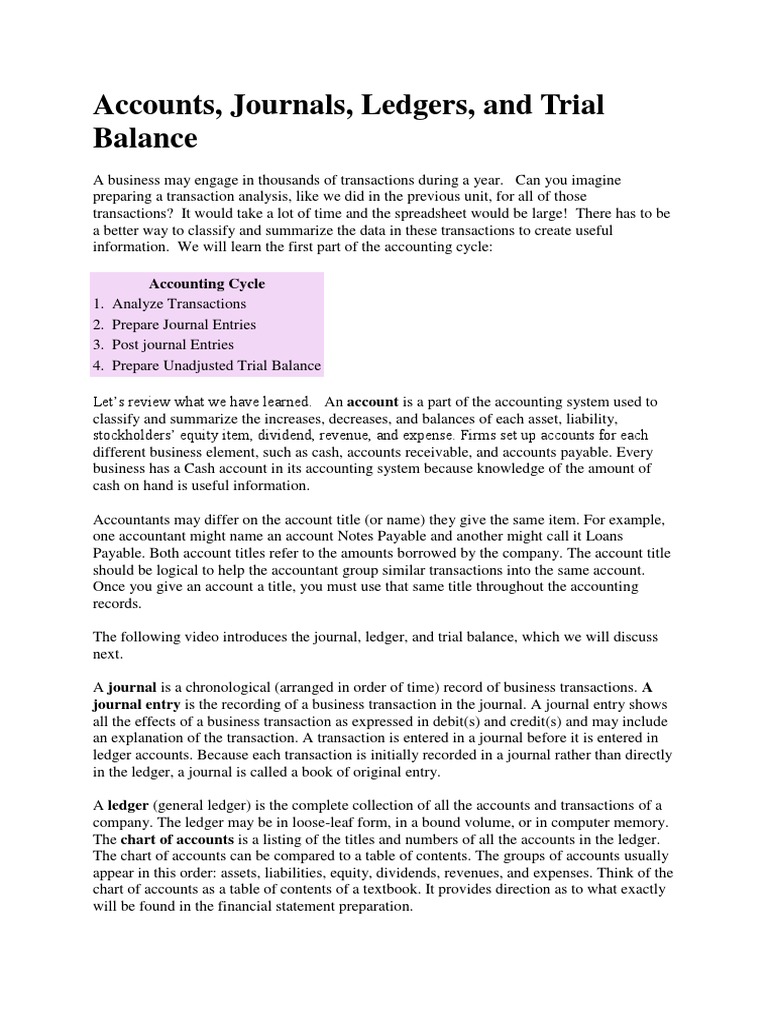 Accounts, Journals, Ledgers, and Trial Balance: Accounting Cycle | PDF ...