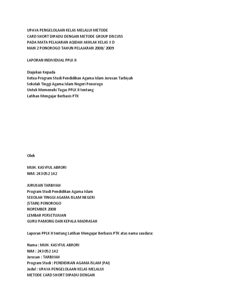 PTK Aki-Akhlak Upaya Pengelolaan Kelas Melalui Metode | PDF