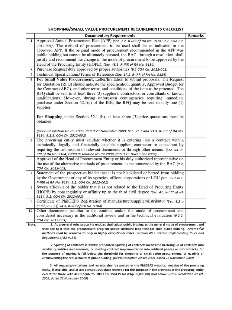 Shopping and Small Value Procurement Requirements Checklist PDF | PDF ...