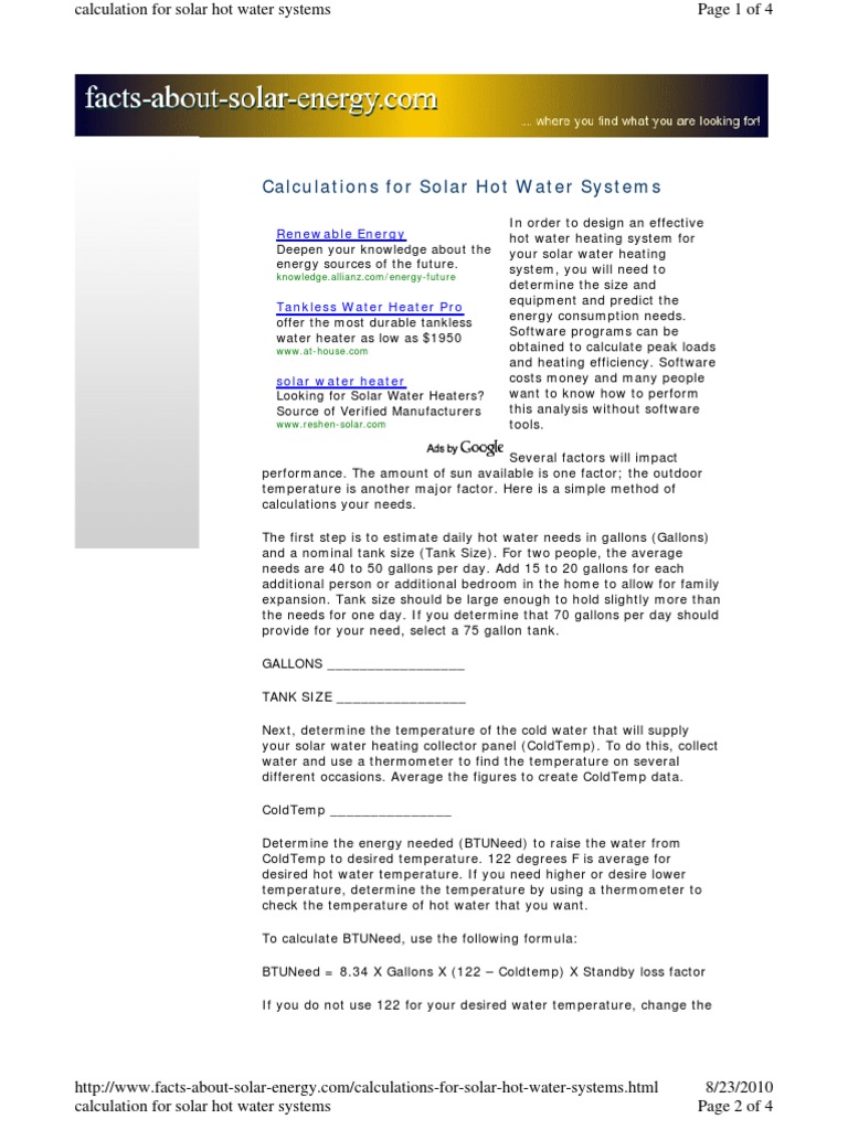 Calculations For Solar | PDF | Water Heating | Solar Energy