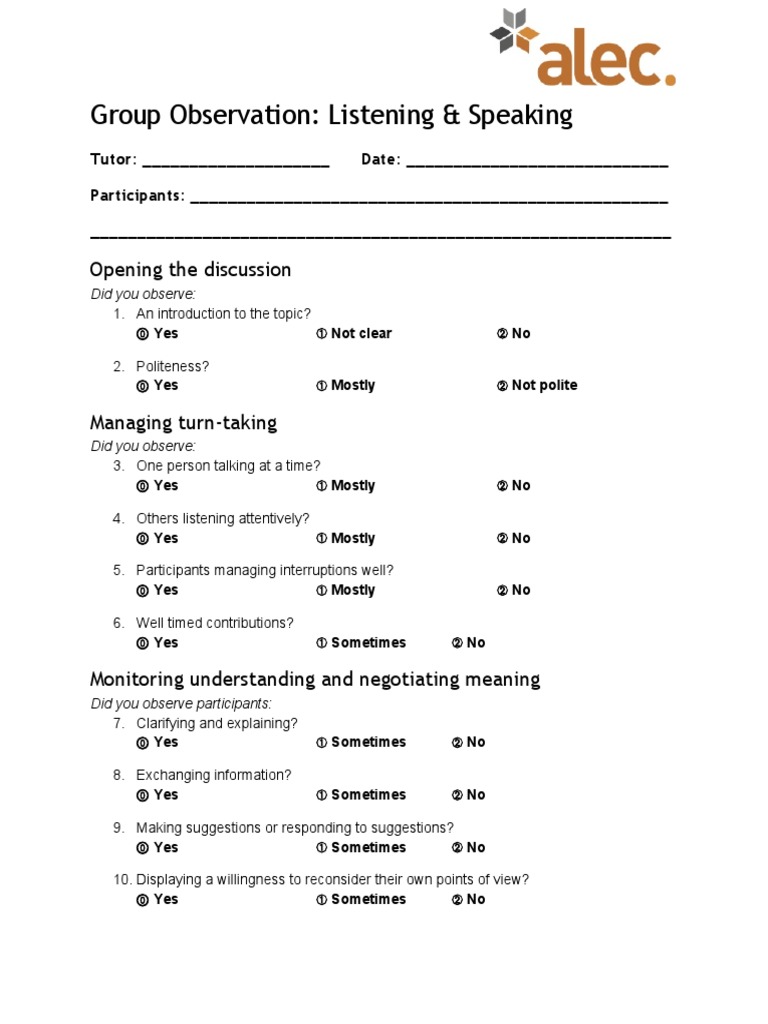 Group Communication Skills Assessment: Listening, Speaking, Turn-Taking ...