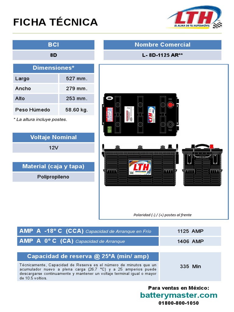 Ficha Técnica Batería LTH 8D-1125 AR | PDF | Tecnología