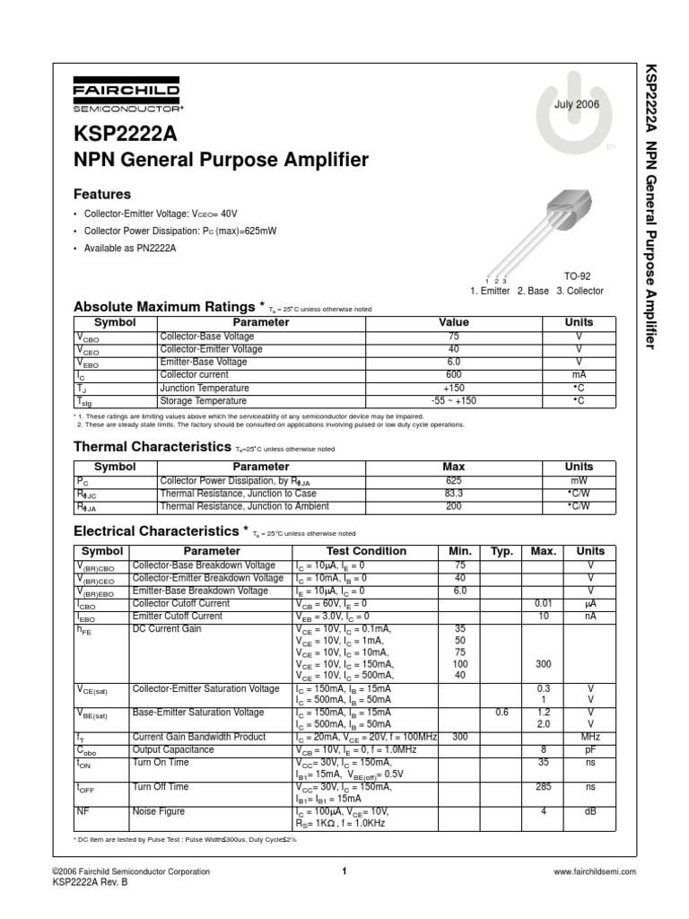 KSP2222A: NPN General Purpose Amplifier | PDF | Bipolar Junction ...