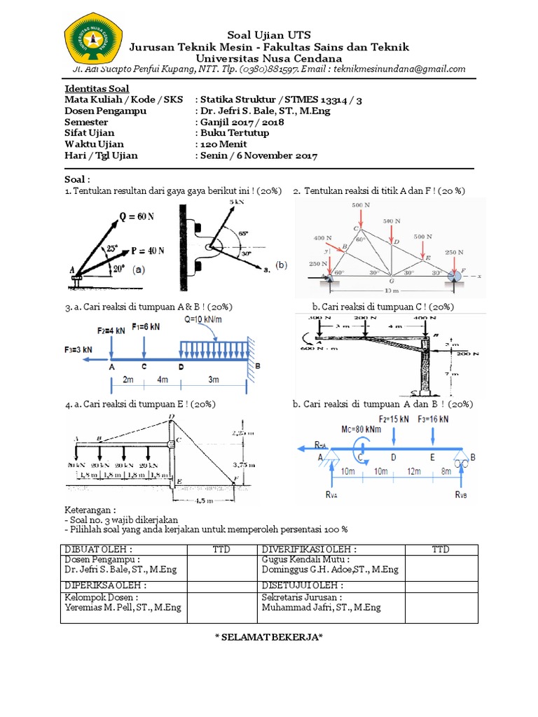Soal Ujian UTS Statika Struktur Semester Ganjil 2017-2018 | PDF
