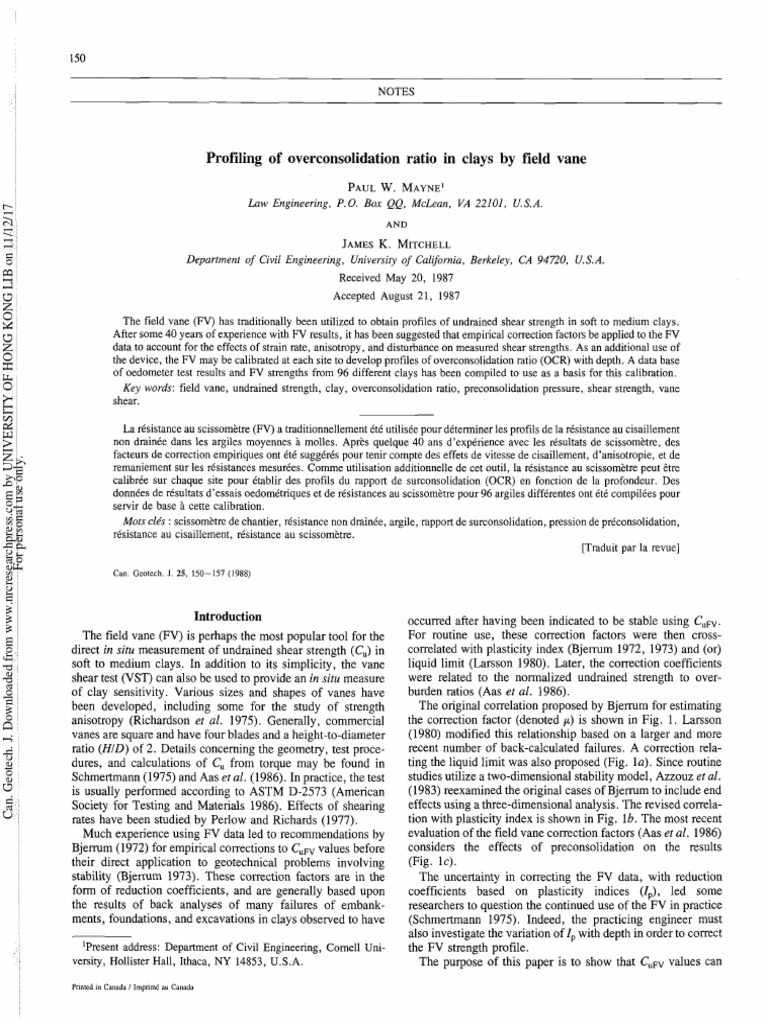 Profiling of Overconsolidation Ratio in Clays by Field Vane | PDF ...