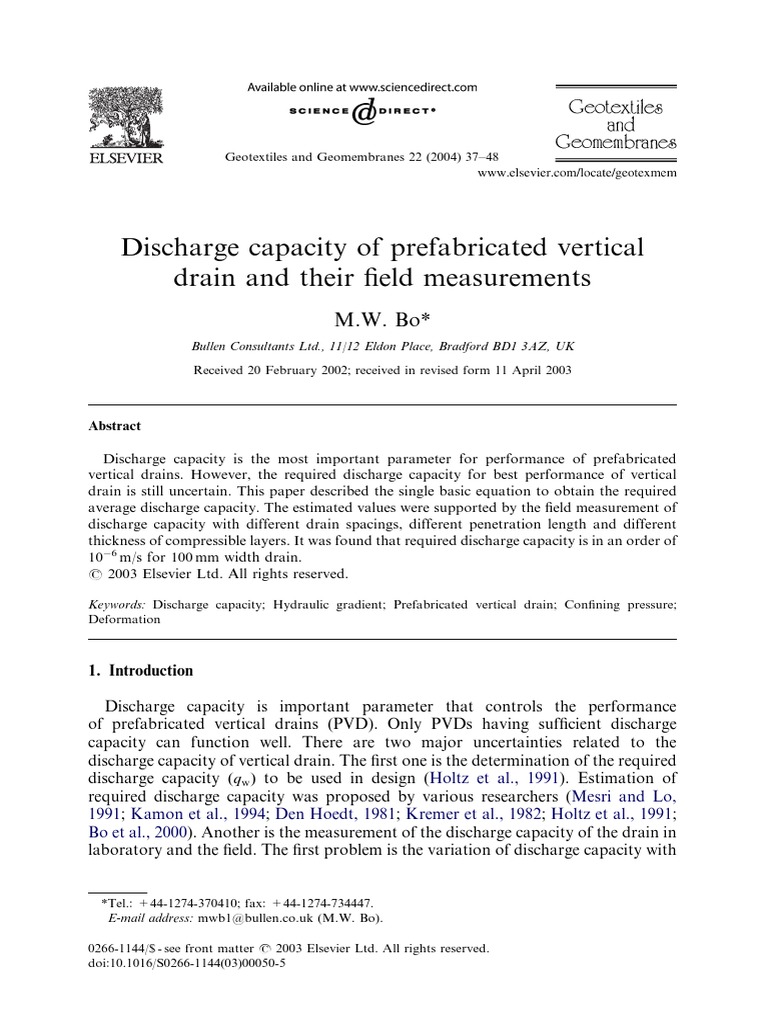 Discharge Capacity of Prefabricated Vertical Drains and Their ...