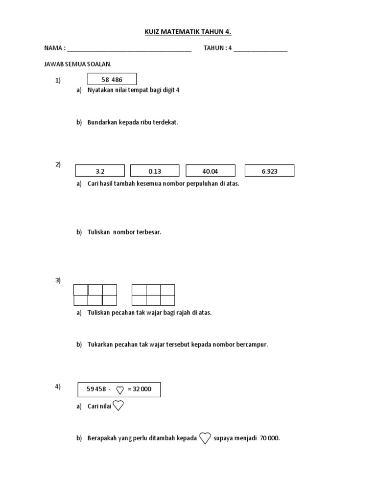 Kuiz Matematik Tahun 4 | PDF
