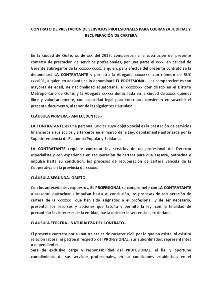 Contrato de Prestación de Servicios Profesionales Para Cobranza Judicial y Recuperación de ...