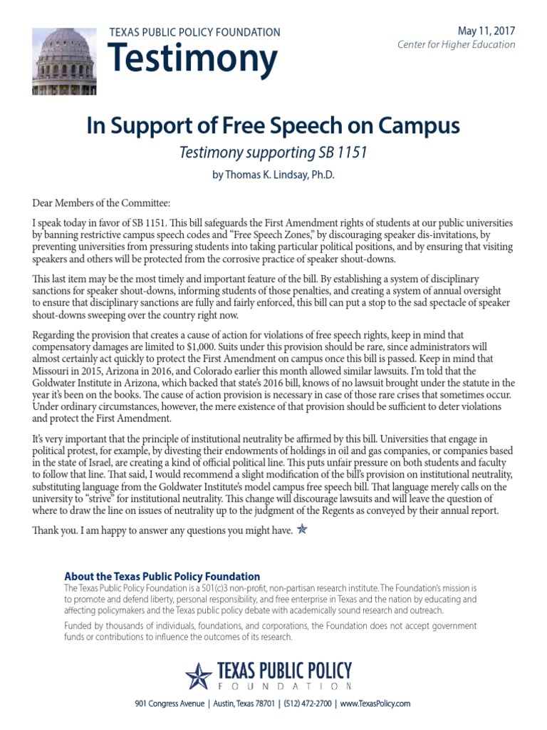 Testimony: in Support of Free Speech On Campus | PDF | First Amendment ...