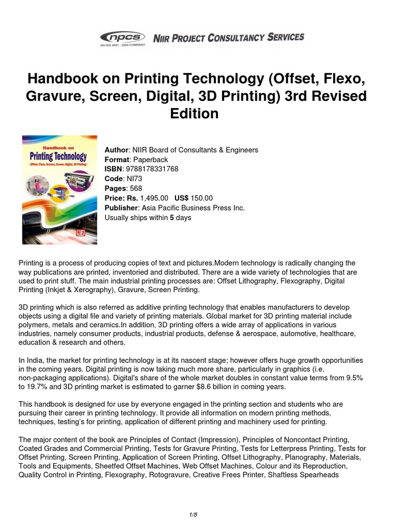Niir Handbook On Printing Technology Offset Gravure Flexo Screen 2nd