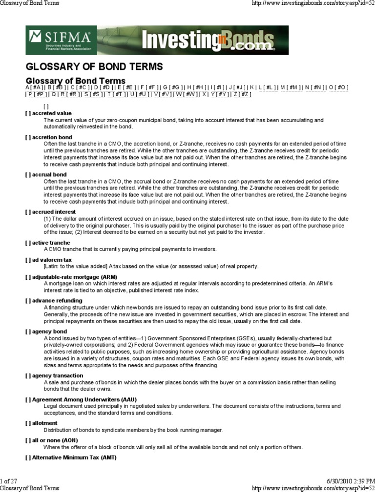 Comprehensive Bond Terms Glossary | PDF | Bonds (Finance) | Asset ...