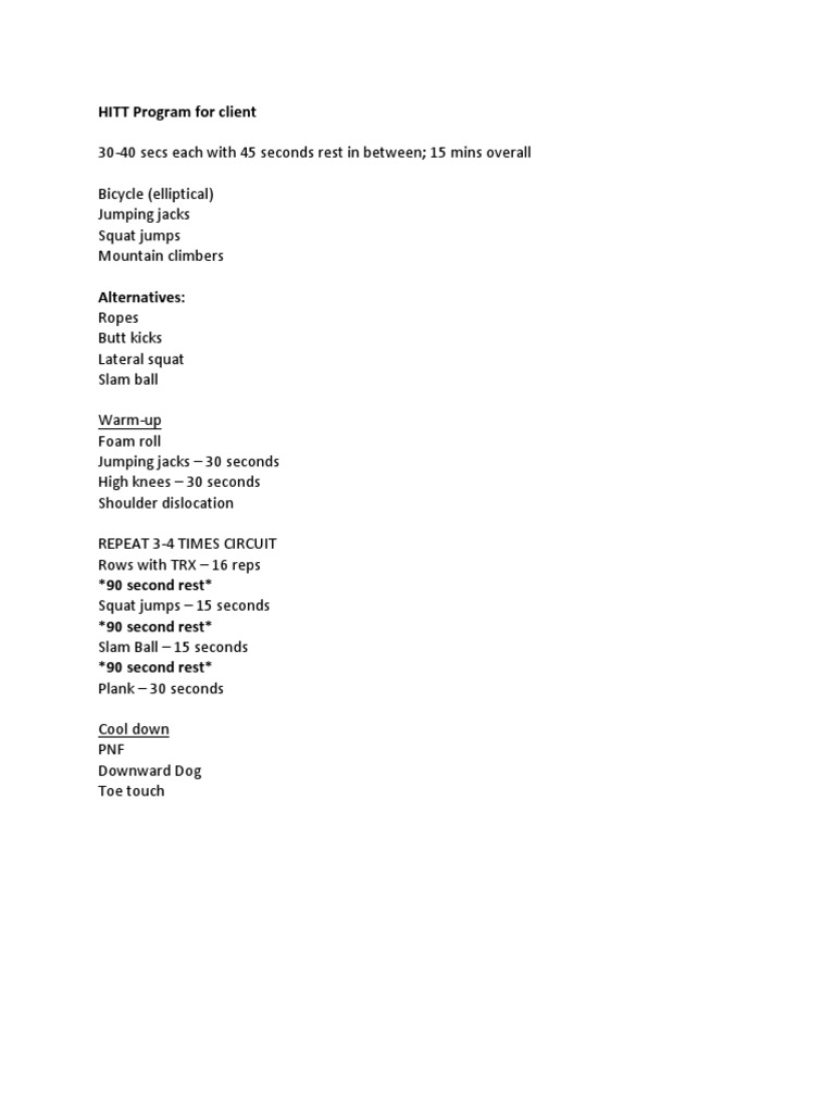 HITT Program For Client | PDF | Recreation | Sports