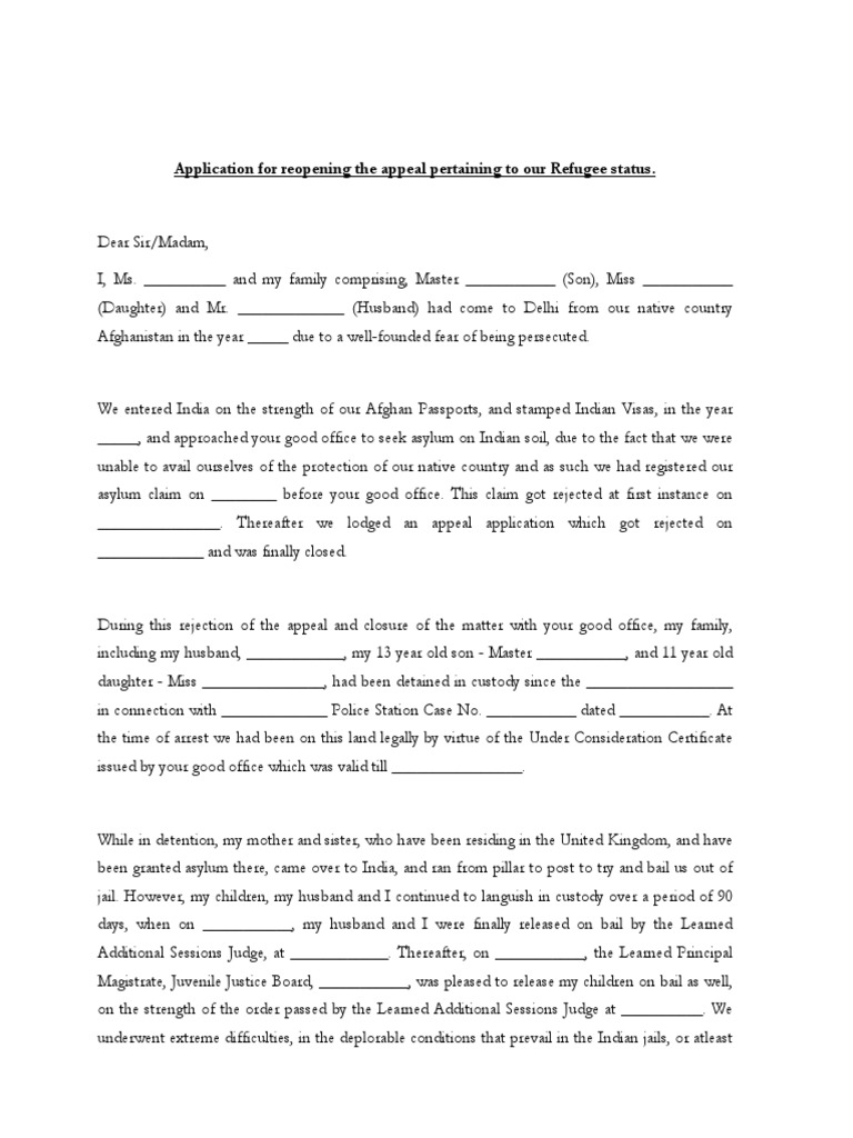 Letter To UNHCR | PDF | Refugee | Bail