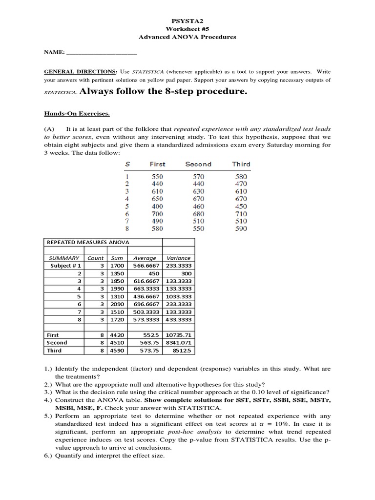 (Worksheet # 5) Advanced ANOVA Procedures | PDF | Analysis Of Variance ...