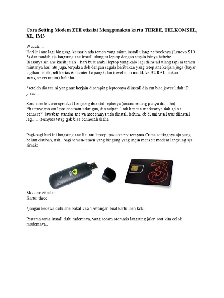 Cara Setting Modem ZTE Etisalat Menggunakan Kartu THREE | PDF
