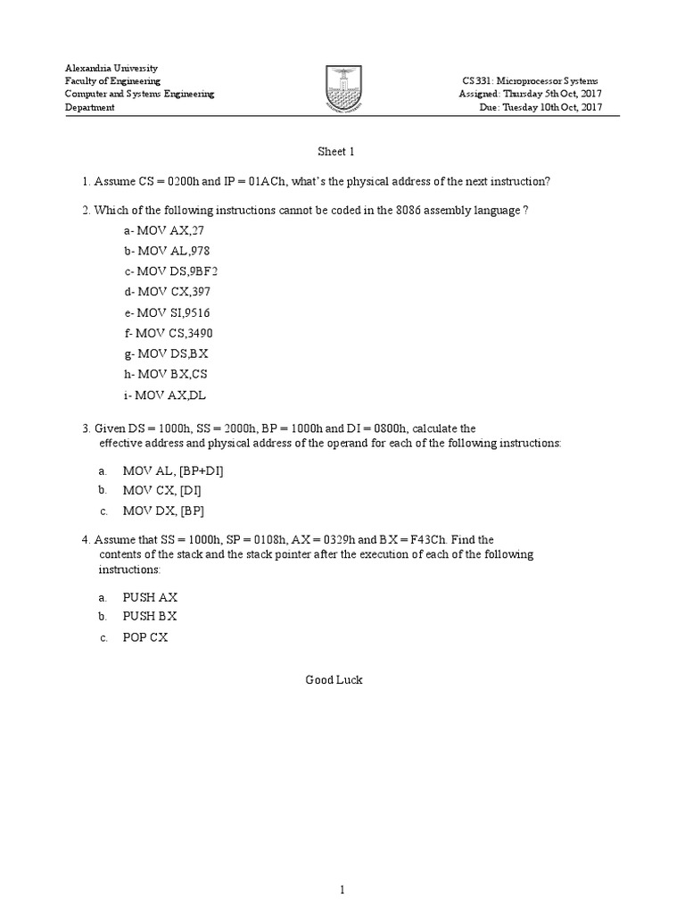 Microprocessors Sheet 1 | PDF