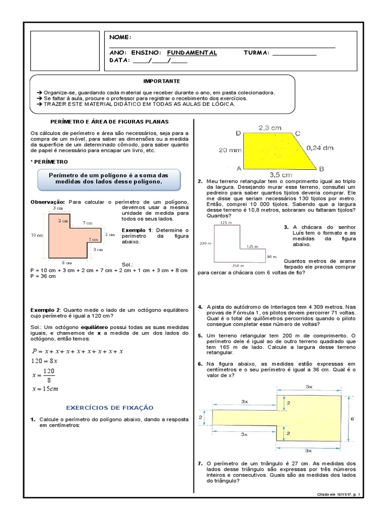 Atividade Area 7 Ano | Triângulo | Geometria Elementar
