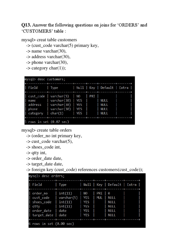 Q13. Answer The Following Questions On Joins For ORDERS' and | PDF