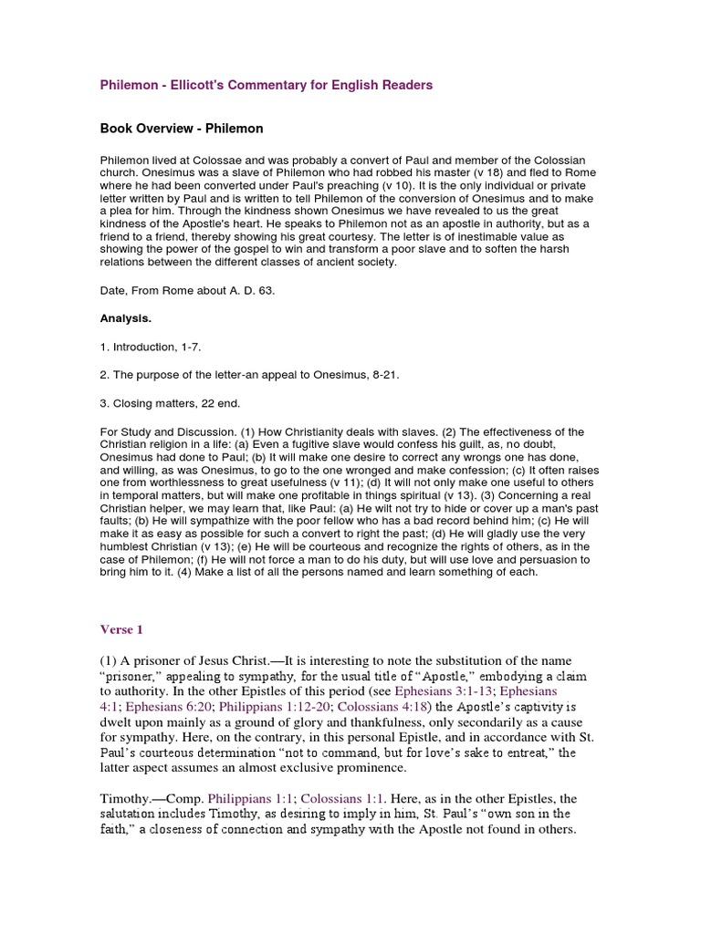 Philemon: Ellicott's Commentary Overview | PDF | Epistle To Philemon ...