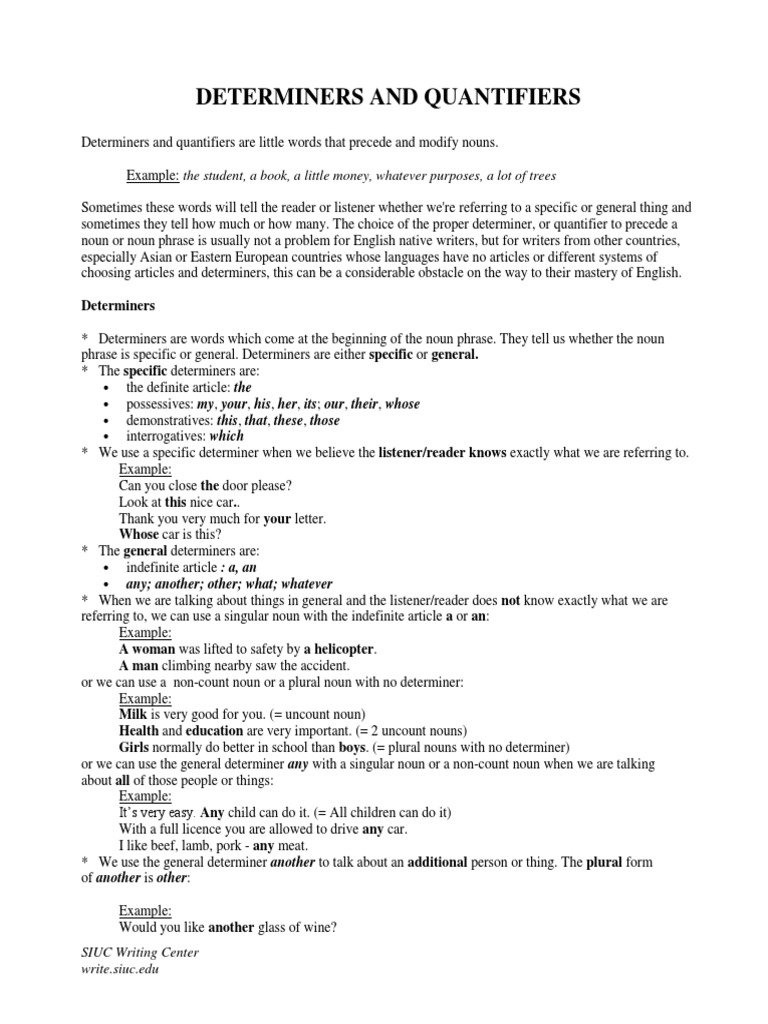 Determiners and Quantifiers PDF | PDF | Noun | Grammatical Number