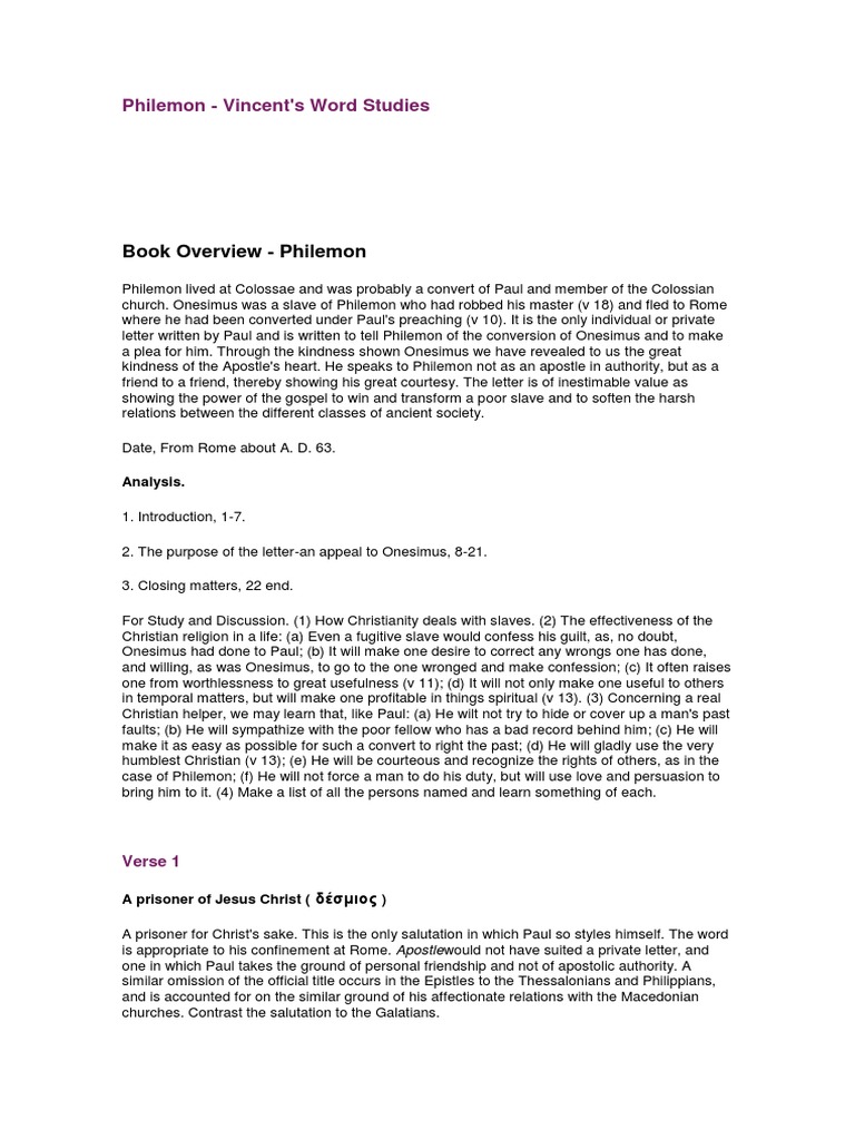 Philemon - Vincent's Word Studies | PDF | Epistle To Philemon | Epistle To The Colossians