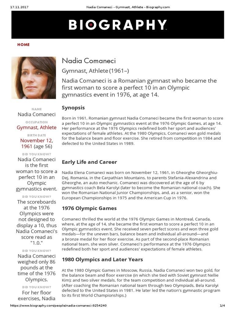Nadia Comaneci - Gymnast, Athlete - Biography | PDF | Olympic Games ...