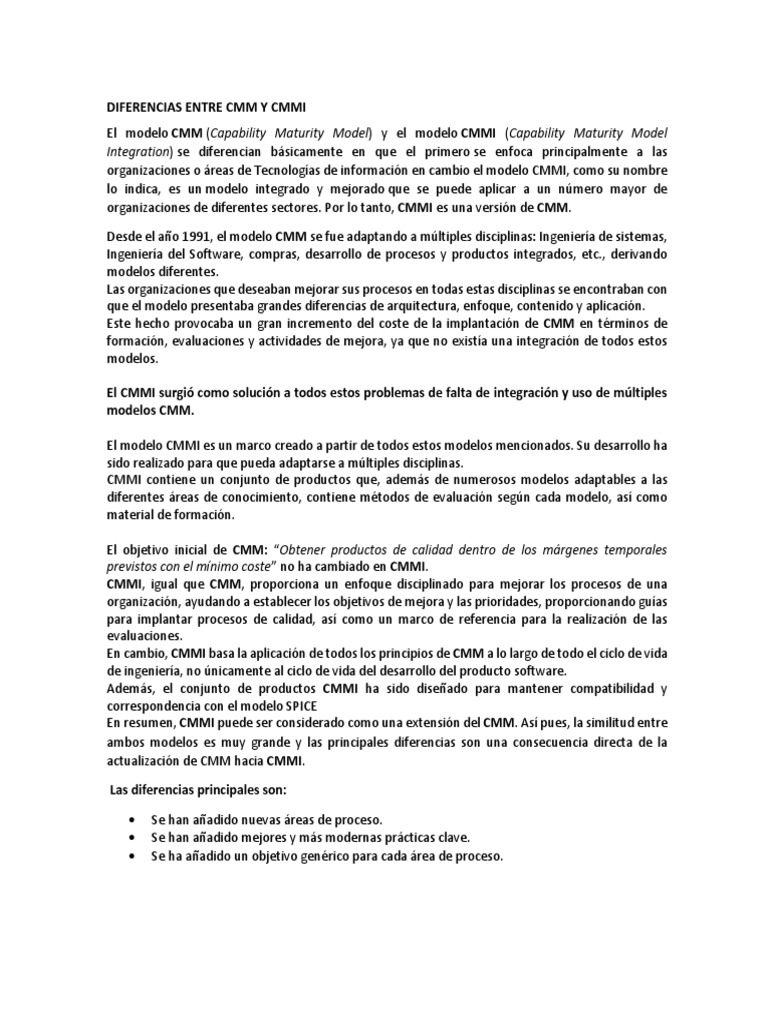 Diferencias Clave entre CMM y CMMI | PDF | Proceso de desarrollo de ...