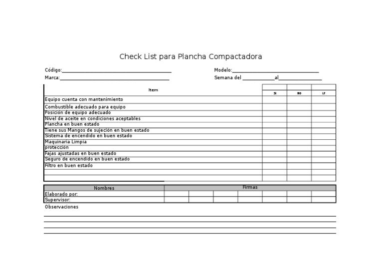 Checklist Plancha Compactadora | PDF