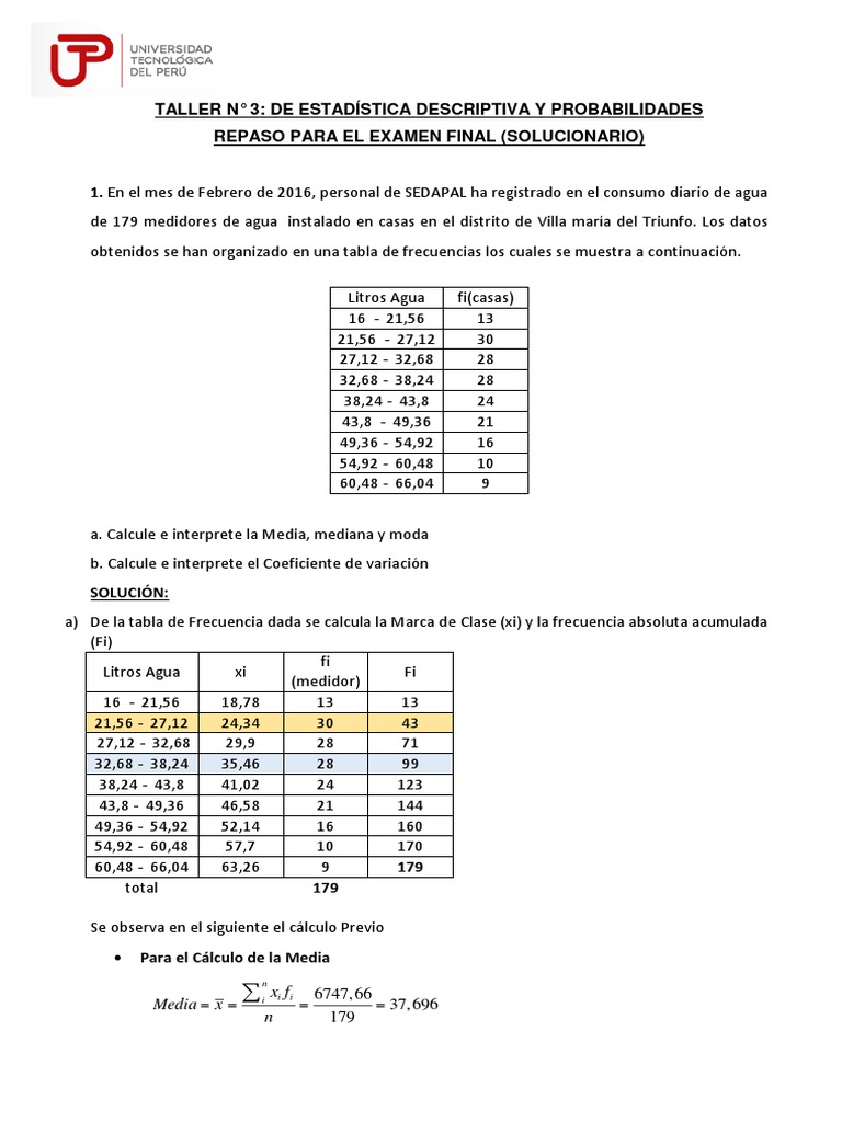 Solucionario Taller Ex Final Est Desc y Prob PDF | PDF | Distribución normal | Diferencia