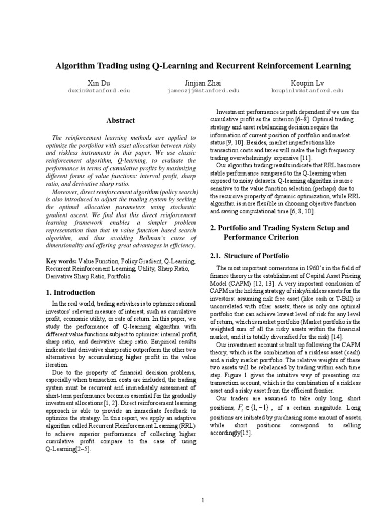 Algorithm Trading Using Q-Learning and Recurrent Reinforcement Learning ...