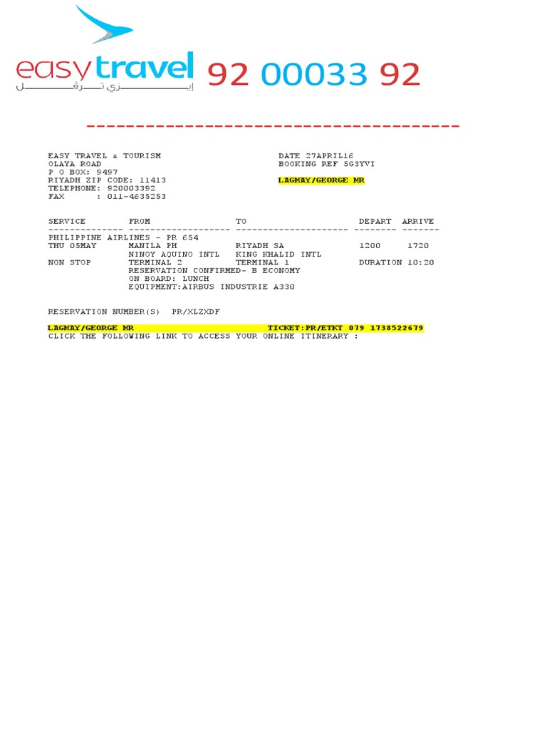 PR 654 Manila to Riyadh Itinerary | PDF