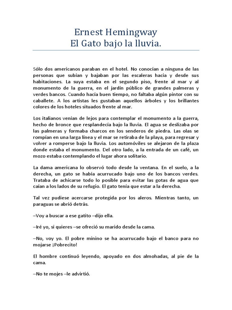 Ernest Hemingway: El Gato Bajo La Lluvia | PDF | Ernest Hemingway | Pelo
